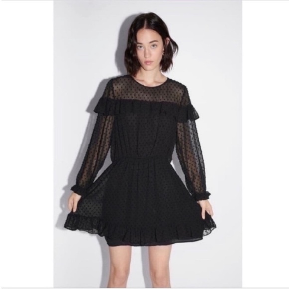 Zara | Dresses | Zara Dress Black Swiss Dot Sheer Mesh Ruffles Long ...